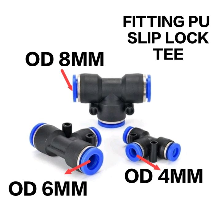 Tee Fitting Konektor T Slip Lock OD Selang PU 4mm 6mm 8mm Pneumatic ...