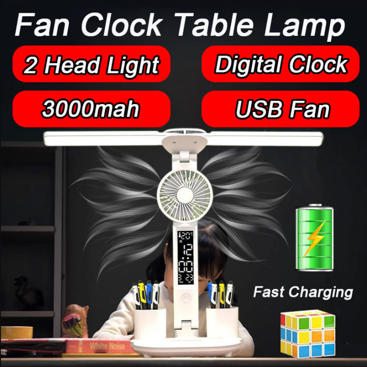 Led Table Lamp with Fan and Clock Desk Light for Study Lampu Meja ...