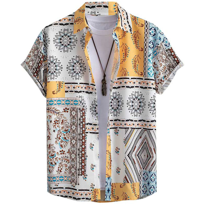 Large Size Short Sleeve Shirts For Men Retro Floral Print Geometric ...