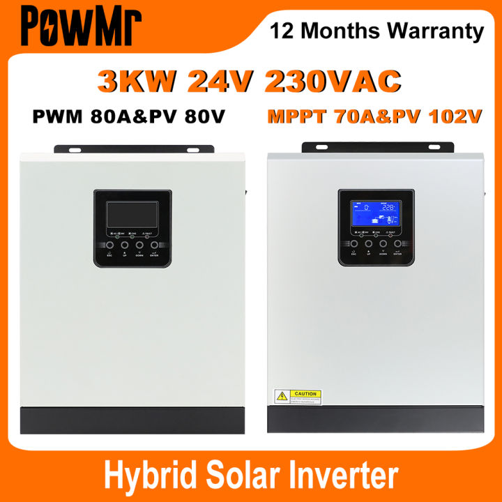PowMr 3KVA 2400W Off Grid Hybrid Solar Inverter Built-in 70/80A PWM &MPPT Solar Controller ...