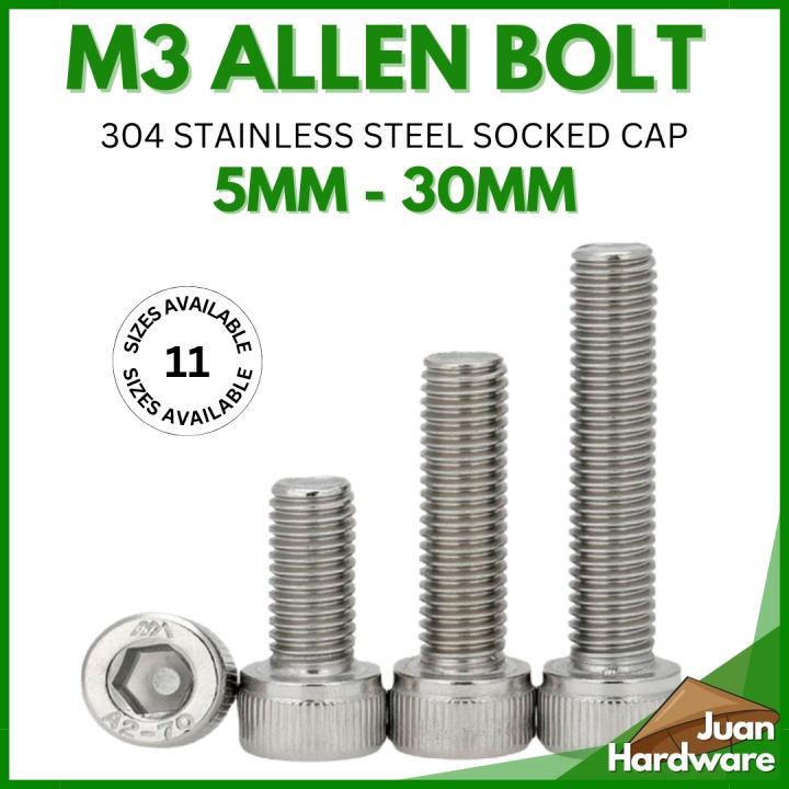 (20 PCS) M3 Allen Bolt 304 Stainless Steel 3mm Thread Socket Head Cap ...