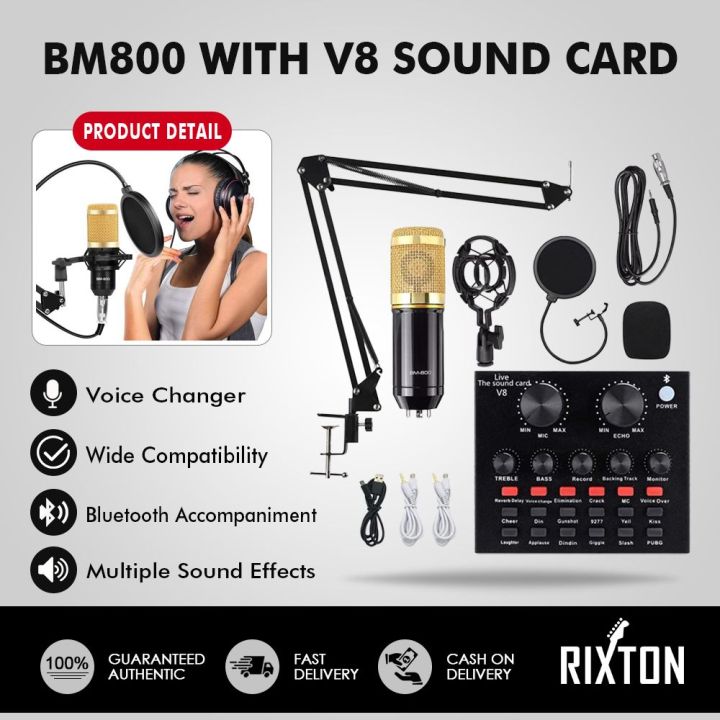 RIXTON BM-800 Condenser Microphone Full Set (V8 Soundcard, BM-800 Microphone, Pop Filter, NB35 ...