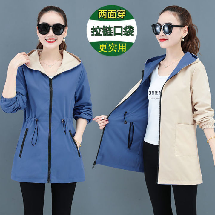 แจ็คเก็ตคลุมด้วยผ้าสำหรับผู้หญิงสวมใส่สองด้านกลางความยาว T Rench Coat ...