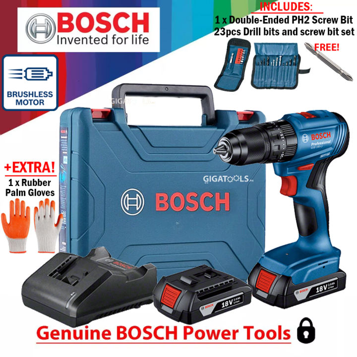 Bosch GSB 185-Li Cordless Brushless Metal chuck Hammer Drill 18V with 23pcs Assorted drill bit ...