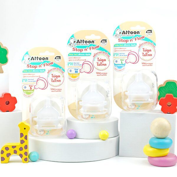 ATTOON จุกนมคอกว้าง Stop n’ Flow แพ็ค2 (ไม่ดูดไม่ไหล) รูจุกแบบตัดหกแฉก ดูดสบาย อย่างเป็นธรรมชาติ ...