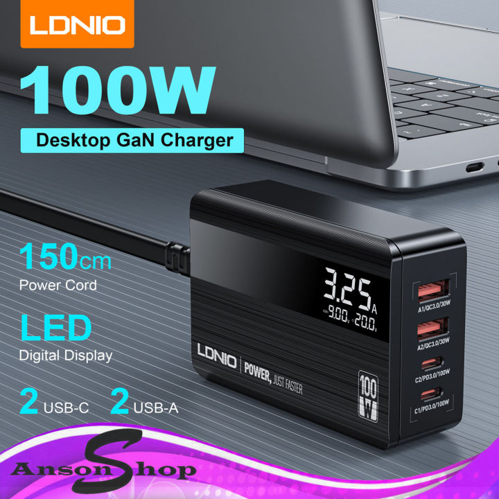 LDNIO 100W Charger USB-C Charger Fast Charging 4 Port Adapter Wall Chargers with Voltage Display ...