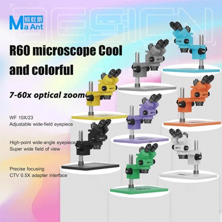 MaAnt Sky Eye R60 Trinocular Microscope with 7-60X Zoom 0.7X-6.0X ...