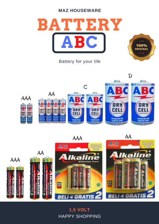 Baterai / Battery ABC Alkaline AA (A2), AAA (A3), C , D ukuran (1,5v dan 9v) | Lazada Indonesia