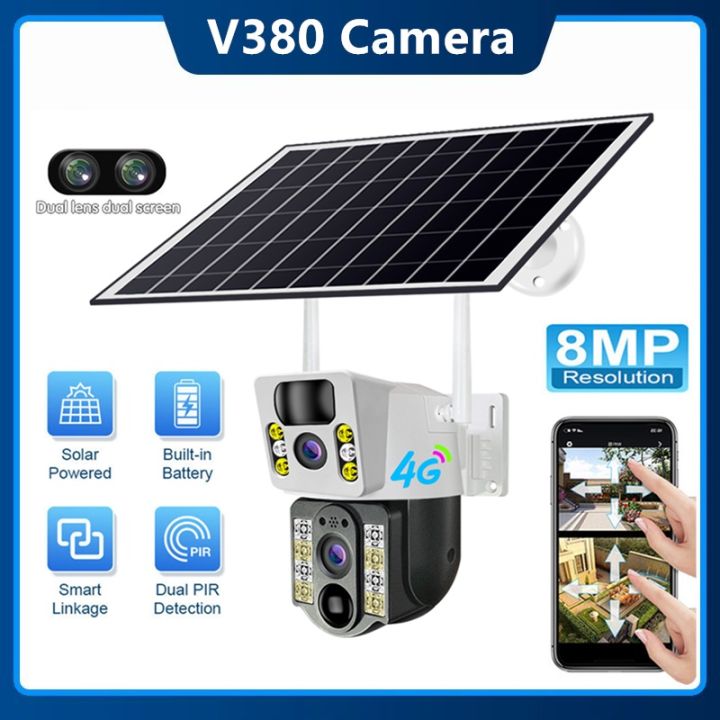 V380 8MP 4K Solar IP Camera 4G Sim Dual Lens Outdoor 10xZoom PIR Human Detection CCTV Camera Low ...
