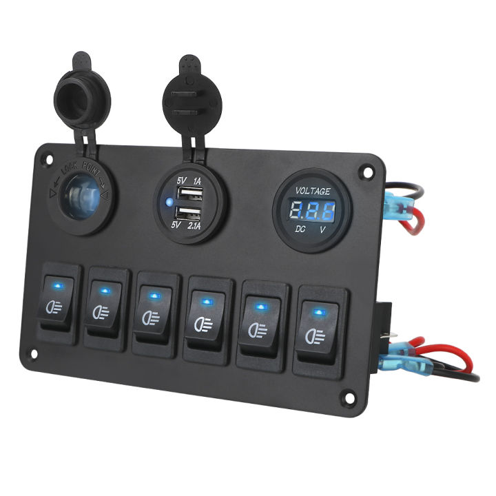 6 Gang Rocker Switch Panel ON/OFF Lights Dual USB Ports Car Marine ...