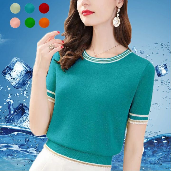 Knitted Cropped Top for Ladies Summer Elegant Thin Stylish O Neck T ...
