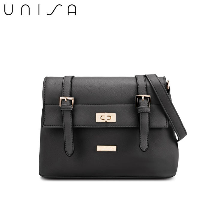 UNISA Saffiano Texture Mini Sling Bag With Turn Lock (Beige/Black/Khaki ...