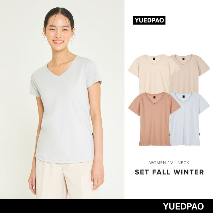 Yuedpao เสื้อยืดผู้หญิงคอวี ทรงเข้ารูป ไม่ย้วย ไม่หด ไม่ต้องรีด ใส่สบาย basicstyle สีพื้นคอวี ...