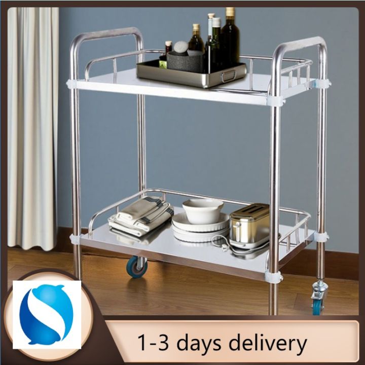 2 layers Movable stainless medical trolley cart with wheels organizer ...