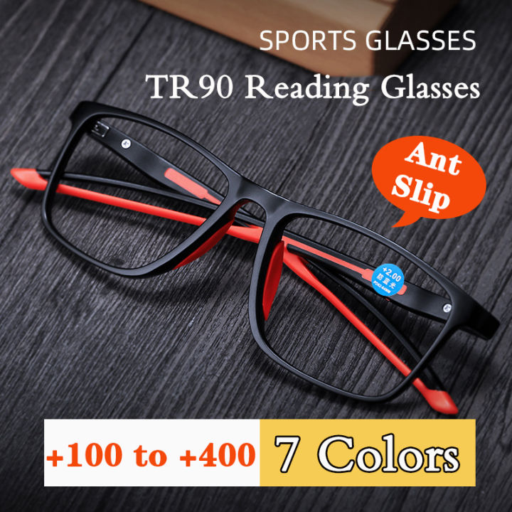แว่นตาอ่านหนังสือกีฬา TR90 100ถึง + 400สำหรับผู้ชายแว่นสายตายาวกันลื่นความละเอียดสูงป้องกันแสงสี ...