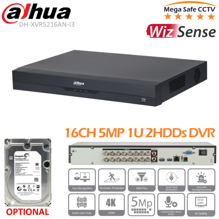 Dahua DH-XVR5216AN-I3 16CH 5MP WizSense XVR/DVR, Penta-brid 2 SATA interfaces, Motion Detection ...