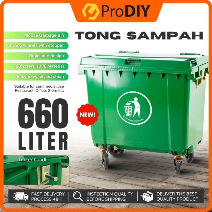 660L Tong Sampah Besar Hijau Hitam Bertutup Beroda Waste Bin Outdoor ...