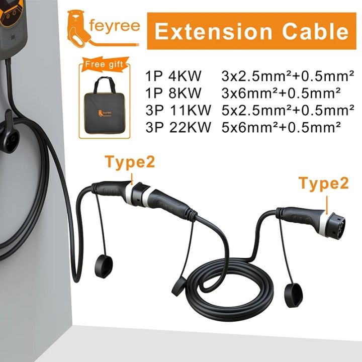 feyree EV Charging Extension Cable 16A/32A 4kW/8kW/11kW/22kW Electric ...