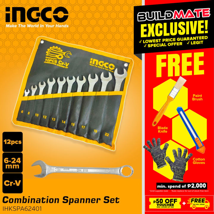 INGCO 12 PCS 6-24mm Combination Wrench Gear Spanner Set Cr-V Heat ...