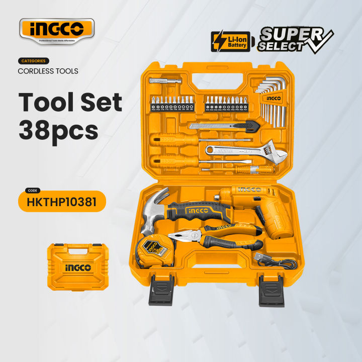 Ingco 38pcs Tools Set With 4V Cordless Screwdriver, Combination Pliers ...