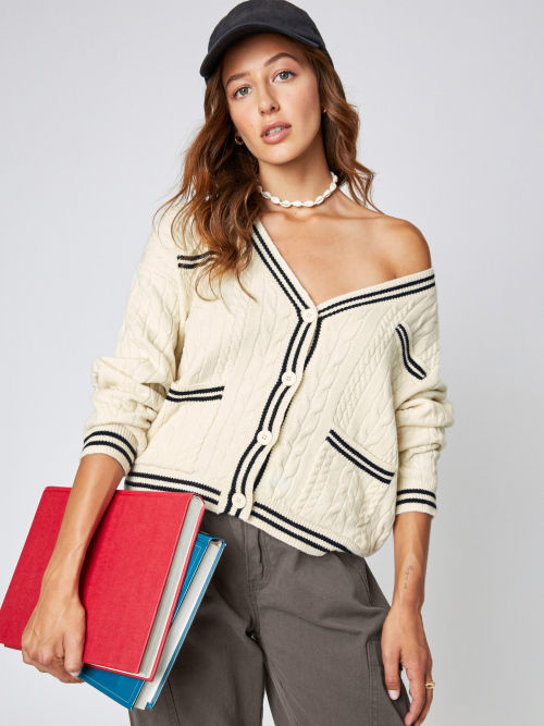 Cider Cable Knit Contrast Trim Cardigan | Lazada PH