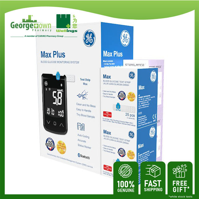 GE MAX PLUS BLOOD GLUCOSE MONITORING SYSTEM STARTER PACK + STRIP ...