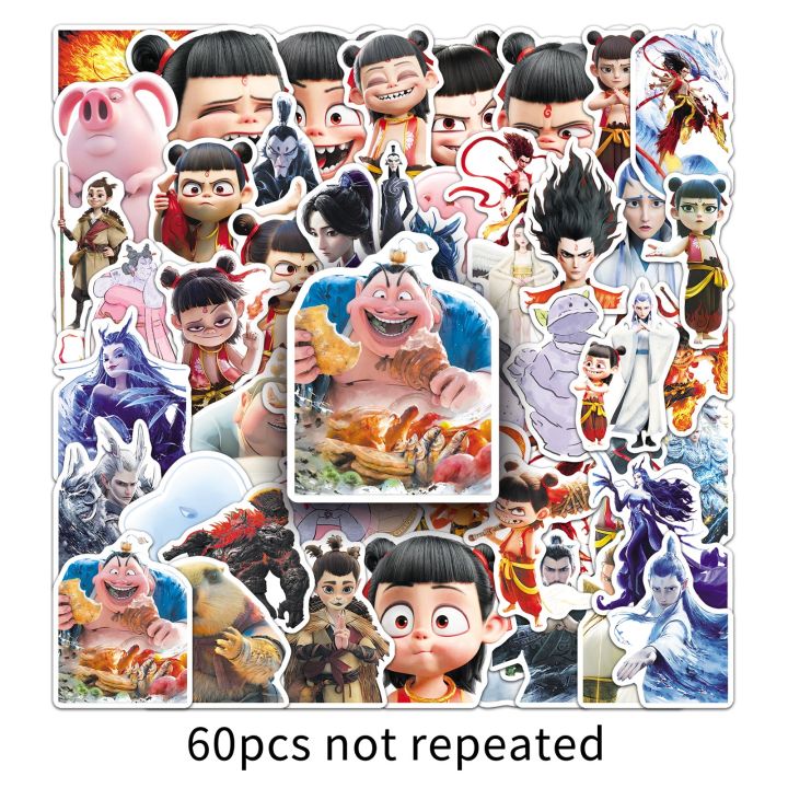 60 Piece Cartoon Cute Ne Zha Mobile Phone Helmet Waterproof Stickers ...