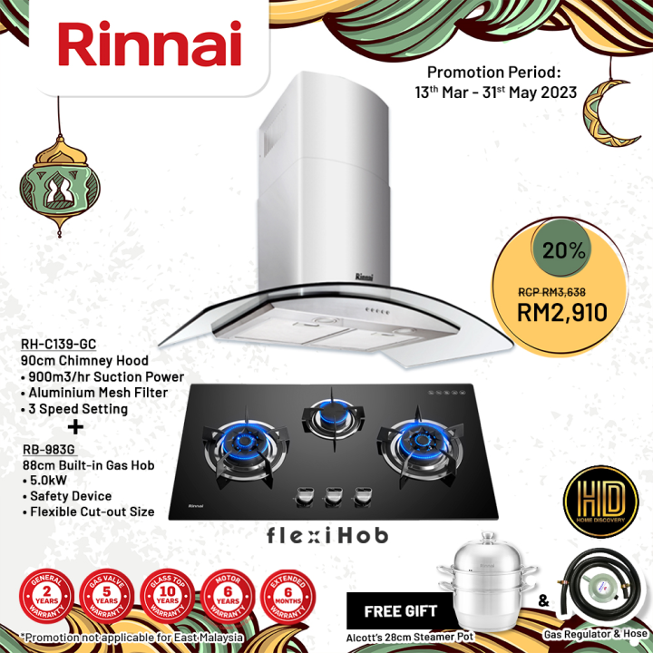 Rinnai RH-C139-GC 90cm Chimney Cooker Range Hood (Silver) + RB-983G Built-in Hob | Lazada