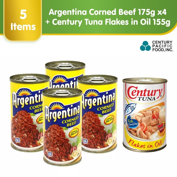 Argentina Corned Beef 175g Pack of 4 + Century Tuna Flakes in Oil 155g ...