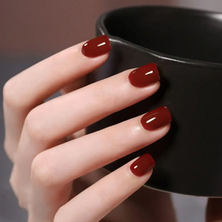 17POOL💙 P183 เล็บปลอม สีแดง เล็บสั้น เล็บมือ เร็จรูป กันน้ำ กล่อง 24 ...