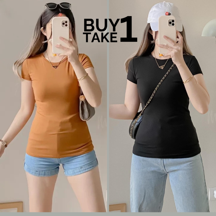 Lulu BUY 1 TAKE 1 Double Lining Tops Boatneck Basic Length Plain T ...