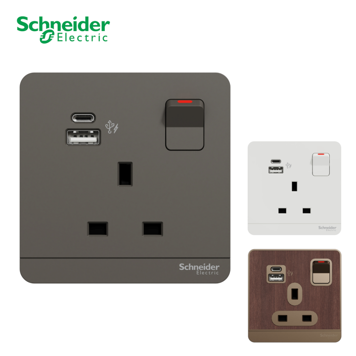 Schneider 13A USB Socket AvatarOn 2 USB charger and switch socket 3P White/Dark Grey/Wood ...