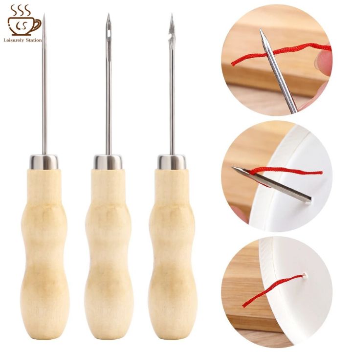 1/3Pcs Wooden Handle Leather Sewing Awl Tool for Handmade Stitch ...