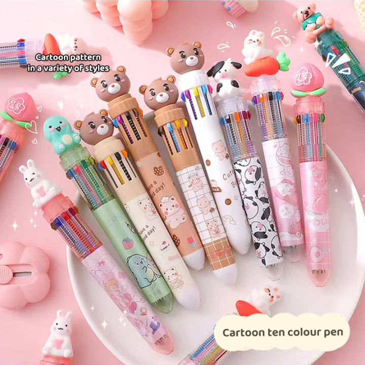10 in 1 Cute Ball Pen Retractable Rabbit Bear marker Ten Colors Kids ...