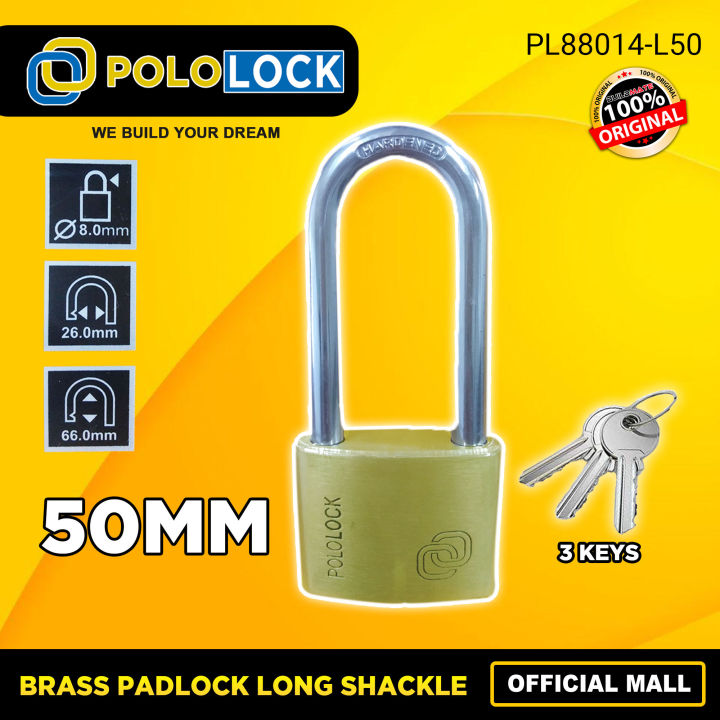 Pololock Heavy Duty Brass Padlock Long Shackle 50mm With 3 Keys Door ...