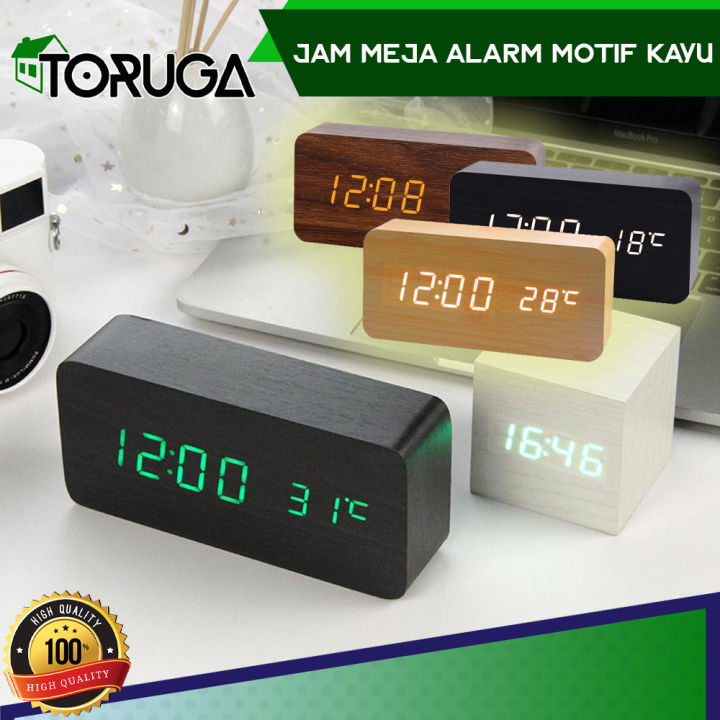 Jam Alarm Digital LED Wood Meja Motif Kayu Temperatur Clock | Lazada ...