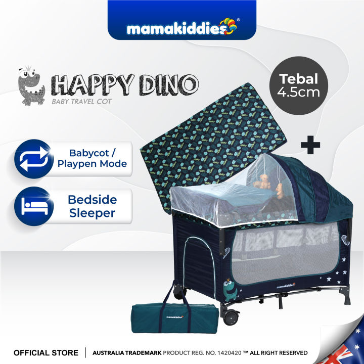 Mamakiddies Happy Dino Portable Infant Baby Cot Playpen Travel Bed With Side Slide Door and ...