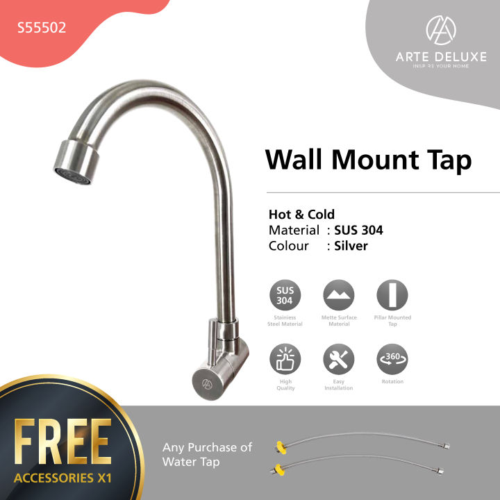 [ARTE DELUXE] Stainless Steel Wall Mount Tap (S55502) | Lazada