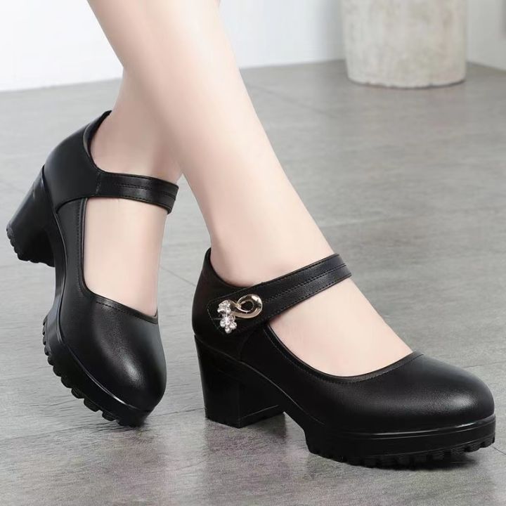 New Korean Black Work School Shoes Leather Close Round Toe Heels for ...