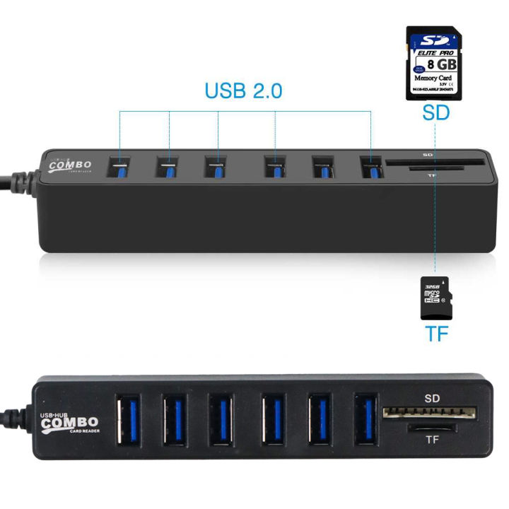 runshopp - 2 in 1 USB Hub 6 Port Combo Card Reader SD/TF Card ...