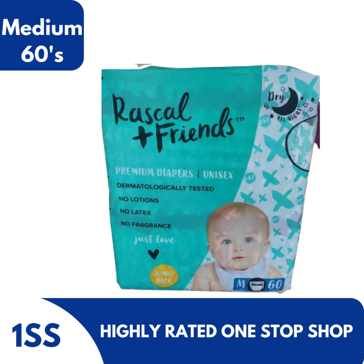 Rascal + Friends Premium Diapers Unisex, Tape Medium, 60pcs | Lazada PH