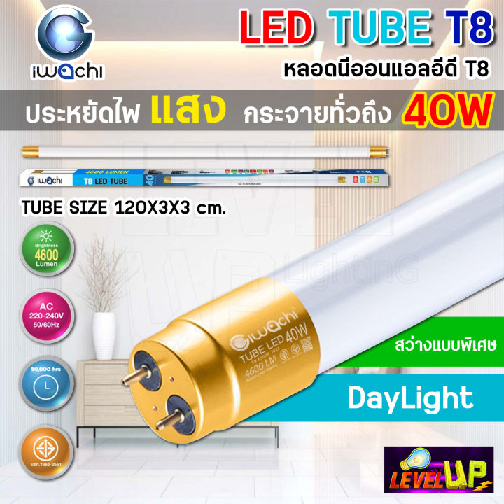 IWACHI หลอดไฟนีออน หลอดประหยัดไฟ LED TUBE T8 40W ขั้วสีทอง หลอด LED ยาว หลอดไฟในบ้าน สว่างเต็ม ...