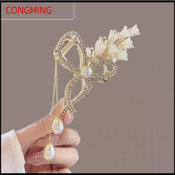 CONGMING โลหะ/เงิน ที่หนีบผม Y2K กันลื่น พู่พลอยเทียม คลิปผมฉลาม แฟชั่น ...
