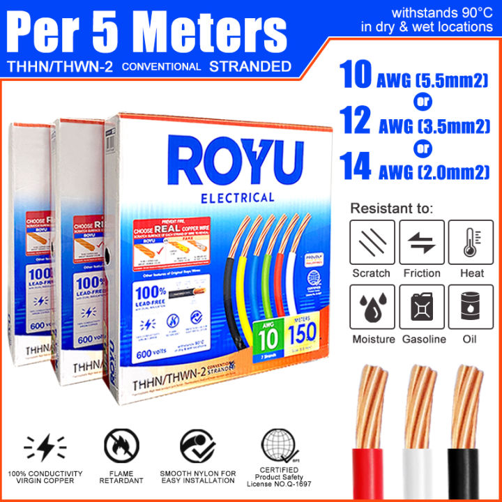 ROYU Copper Wire Solid Core Per 5 Meters #10/ #12/ #14 Hook Up Wire ...