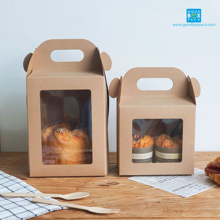 Goodboxpack(แพ็คละ10ใบ)กล่องคุกกี้หูหิ้ว มีเจาะหน้าต่าง 2 ด้าน กระดาษคราฟท์ กล่องเบเกอรี่ กล่อง ...