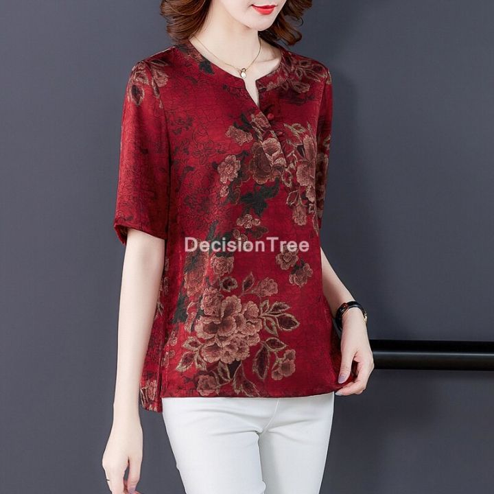 2021 Traditional Chinese Clothing Women Tops Blouses Flower Print Silk ...