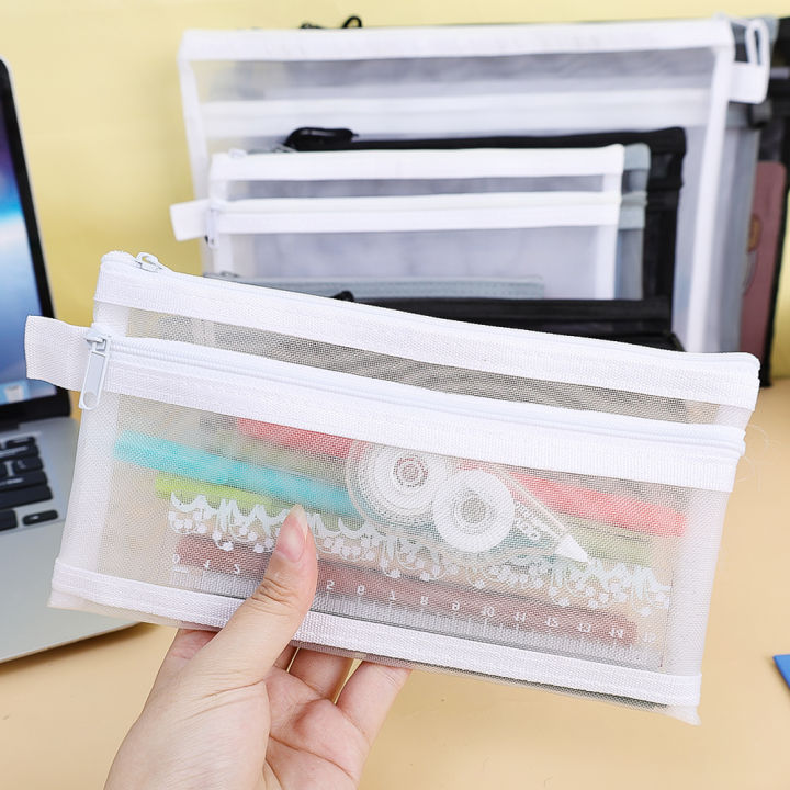 A4A6 Transparent Double-Layer Mesh File Bag Information Zipper Student ...