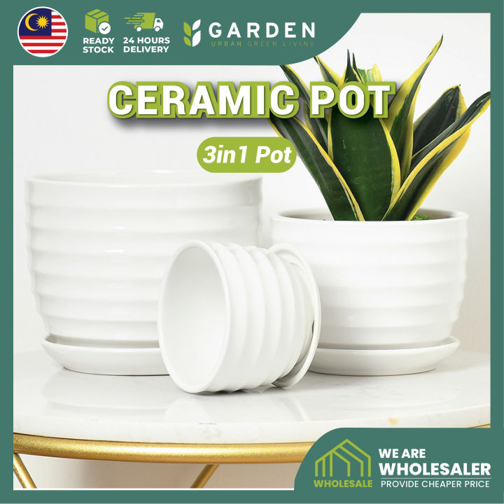 3 in 1 Set White Ceramic Pot Line Design Simplified Style Flower Pot ...
