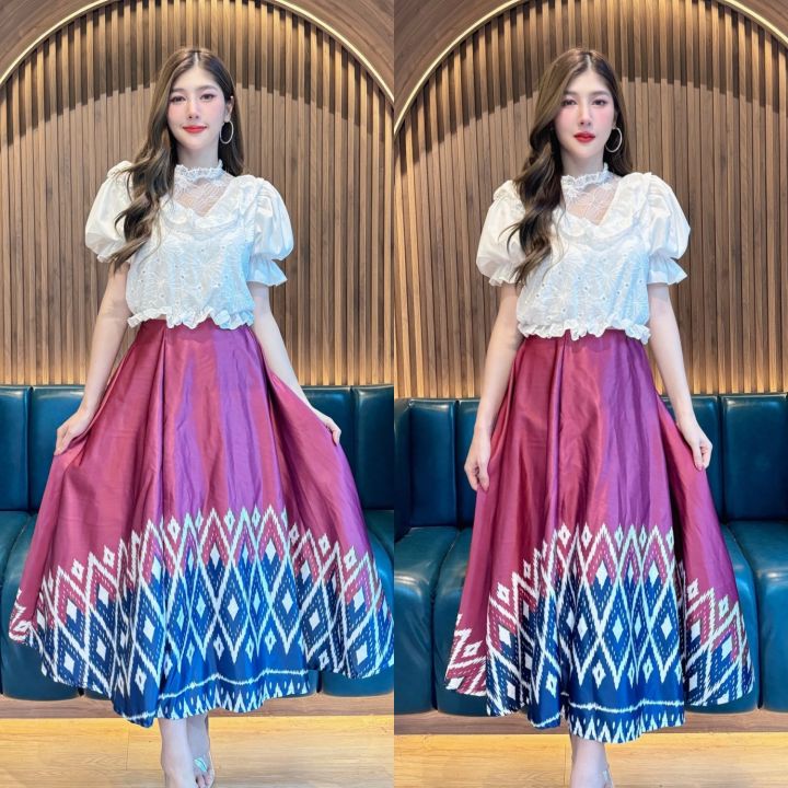 ชุดเซตผ้าลายไทย เสื้อผ้าฉลุแขนตุ๊กตาแต่งระบายอก+กระโปรงลายไทยสม็อคหลัง ...