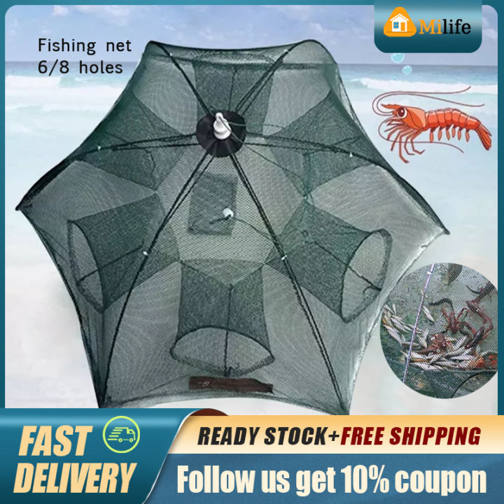 6/8 Holes Automatic Fishing Net Shrimp Cage Nylon Foldable Crab Fish ...